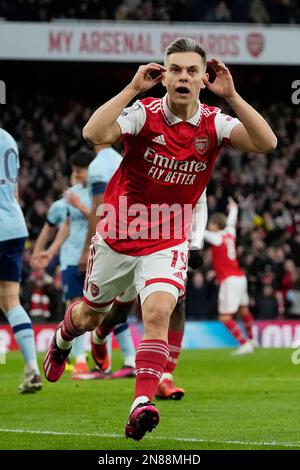 Arsenal's Leandro Trossard celebrates after scoring the opening goal ...