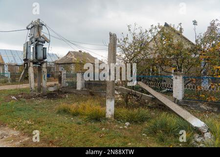 Countryside. Electrical transformer damaged by shelling. War in Ukraine ...