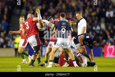 Scotland's Grant Gilchrist tackled by Wales' Ellis Mee during the ...