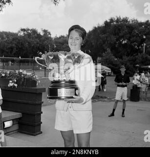 Nancy Richey of Dallas, Tex., poses with her trophy after winning the ...