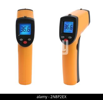 Infrared thermometers on white background, collage. Checking ...