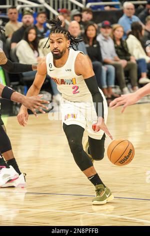 Miami Heat guard Gabe Vincent (2) dribbles the ball during the first ...