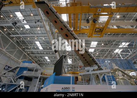 The right wing of the first Airbus A350 XWB plane is seen on the final ...