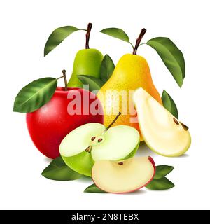 Colored realistic pear apple composition whole and sliced pears apples ...