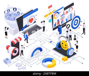 Social network isometric icons composition with image of hashtag with ...