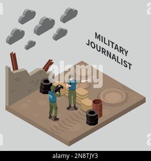 News media isometric concept with military journalist in war zone ...