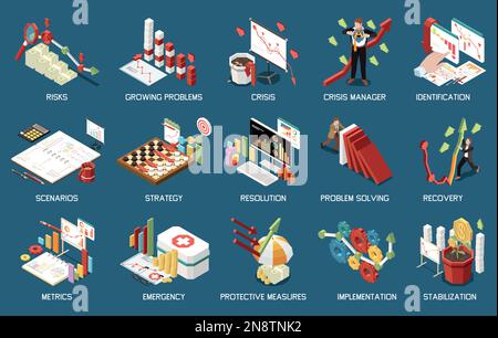 Crisis management isometric icons set with problem solving symbols ...