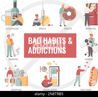 Bad habits cartoon icons set with unhealthy addiction symbols isolated ...