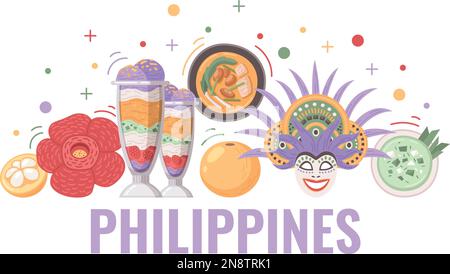 Philippines travel cartoon with traditional dishes and coctails vector ...