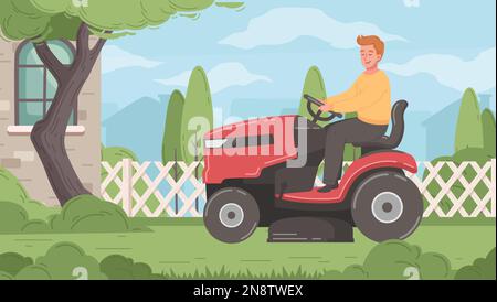 Lawn mower cartoon poster with male workers removing autumn leaves ...