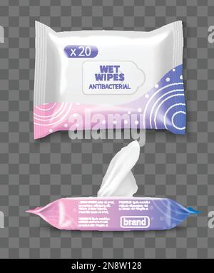 Wet tissues realistic packaging mockup set on transparent background ...