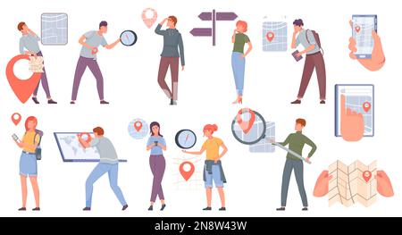 Geolocation flat set with people using online and paper maps isolated ...