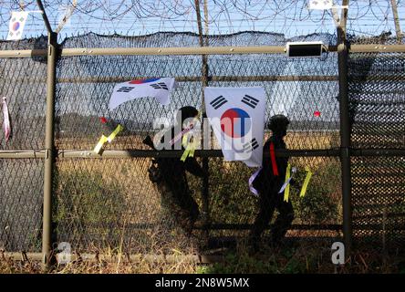 Ribbons and South Korean and reunification flags wishing for the ...