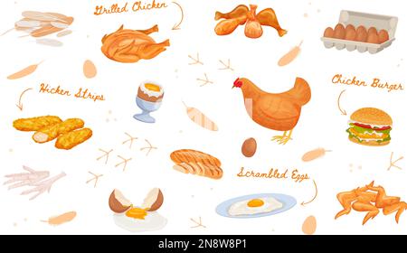 Chicken products flat composition with set of isolated poultry food ...