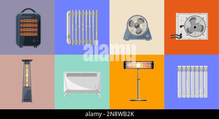 Heaters set in flat style with various house and outdoor heating ...