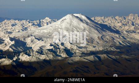 Aerial view of Mount Elbrus (5,642 m) and the Grater Caucasus, the ...