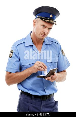 Man police officer holding notepad and pen while looking up and ...