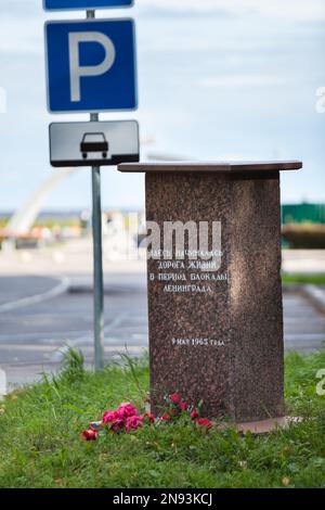 Kokkorevo, Russia-circa Sep, 2022: Concrete pillar sign: Here began the ...