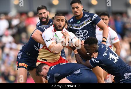 Poasa Faamausili of the Dolphins is tackled during the NRL Pre-Season ...