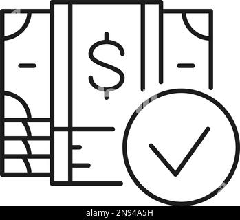 Money banknotes with check mark, credit approved white outline icon ...