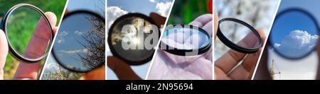 Collage polarizing filter for the camera lens in photography. Square ...