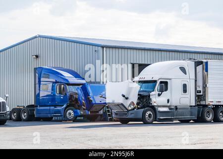 Bonnet industrial freight broken big rig semi truck with open hood and ...