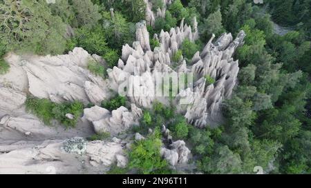 An aerial views of the Earth Pyramids in the Dolomites, Italy Stock ...