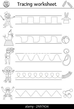 Vector circus handwriting practice worksheet. Amusement show printable ...