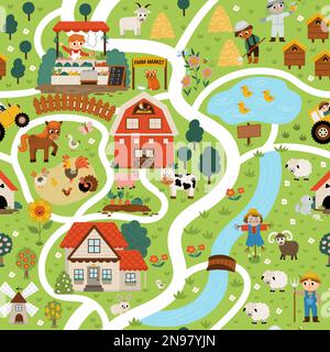 Farm village map. Country life background. Vector rural area scenes ...