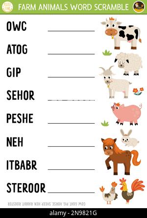Vector farm animals word scramble activity page. English language game ...