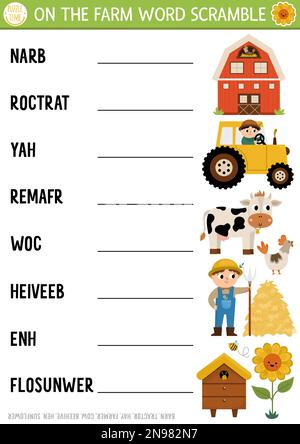 Vector on the farm word scramble activity page. English language game ...