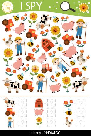 Vector farm searching game with rural countryside landscape. Spot ...