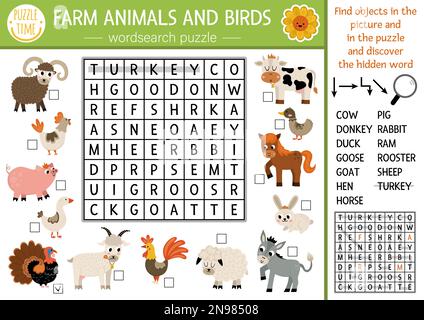 Vector on the farm wordsearch puzzle for kids. Simple farm word search ...