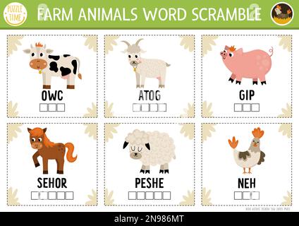 Vector on the farm word scramble activity page. English language game ...