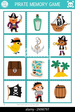 Vector pirate memory game cards with cute animals. Sea adventure ...