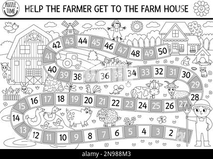 Farm black and white dice board game for children with village map ...