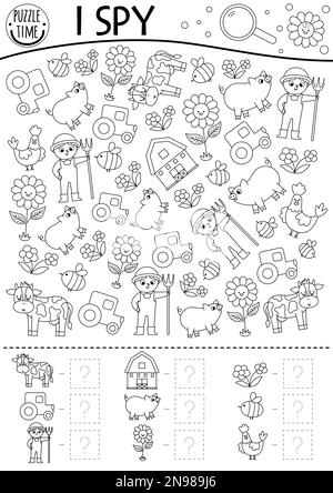 Vector farm searching game with rural countryside landscape. Spot ...