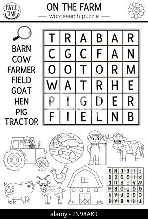 Vector on the farm wordsearch puzzle for kids. Simple farm word search ...