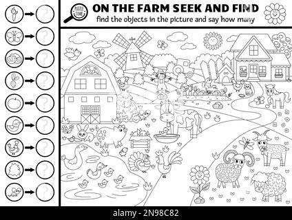 On the farm seek and find black and white game with traditional symbols ...