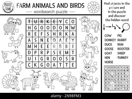 Vector on the farm word search puzzle for kids. Simple farm word search ...