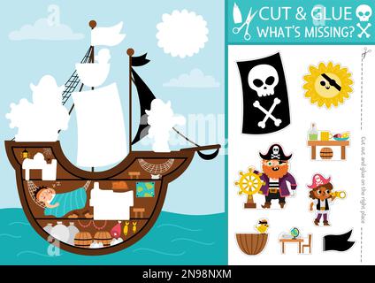 Vector pirate cut and glue activity. Crafting game with cute treasure ...