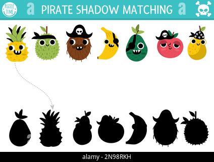 Pirate shadow matching activity. Treasure island hunt puzzle with cute ...