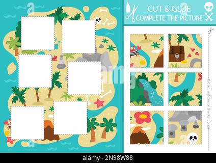 Vector pirate cut and glue activity. Crafting game with cute sea ...