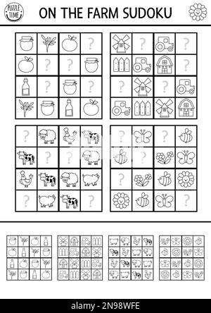 Vector farm sudoku puzzle for kids with pictures. Simple on the farm ...