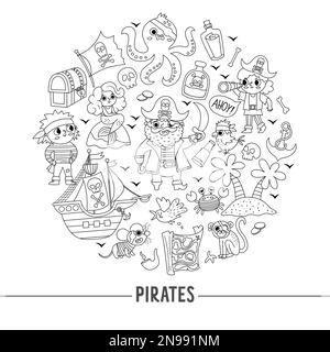 Vector pirate round frame with pirates, ship and animals. Treasure ...