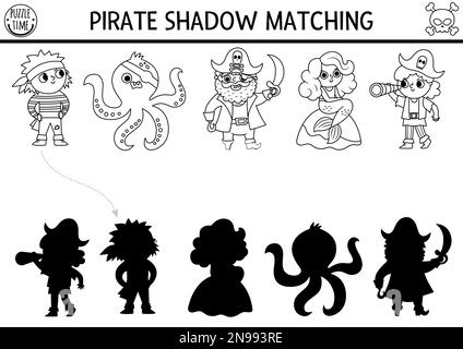 Black and white pirate shadow matching activity. Treasure island hunt ...