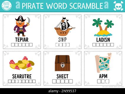 Vector pirate word scramble activity page. English language game with ...