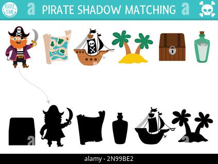 Pirate shadow matching activity. Treasure island hunt puzzle with cute ...