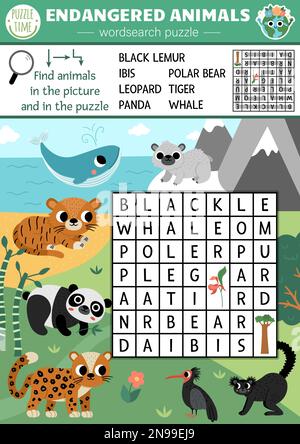 Vector ecological wordsearch puzzle for kids with endangered species ...