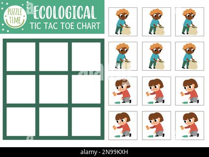 Vector ecological tic tac toe chart with cute kids saving water and ...